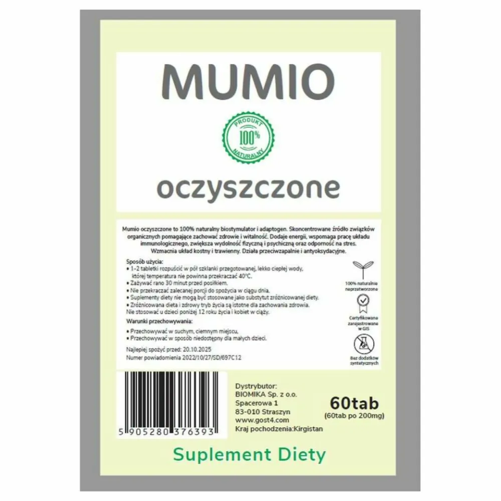 Mumio Oczyszczone 200 mg 60 Tabletek - Biomika – MarketBio